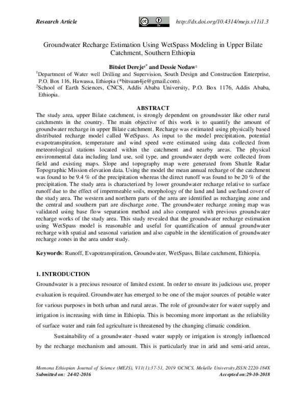(PDF) Groundwater Recharge Estimation Using WetSpass Modeling in Upper Bilate Catchment ...