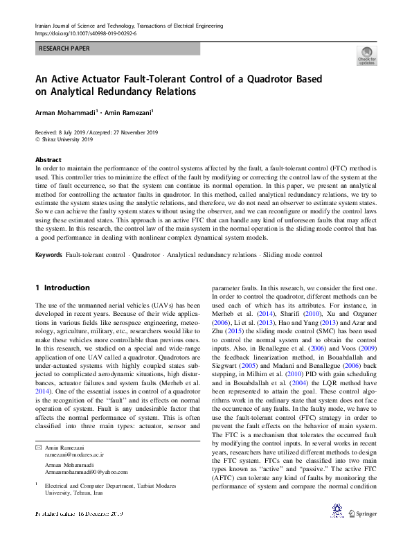 (PDF) An Active Actuator Fault-Tolerant Control of a Quadrotor Based on Analytical Redundancy ...