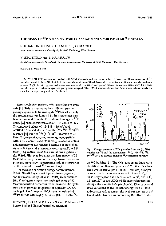 (PDF) The mass of 35P and spin-parity assignments for excited 35P states