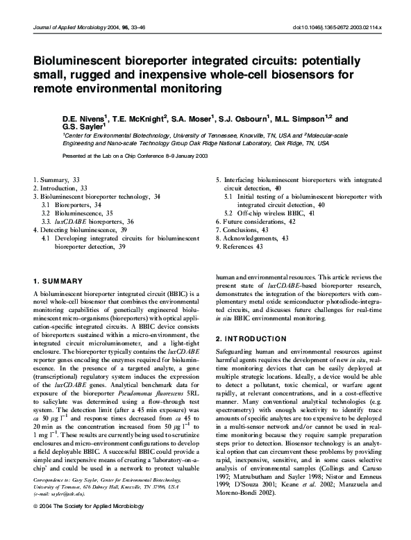 (PDF) Bioluminescent bioreporter integrated circuits: potentially small ...