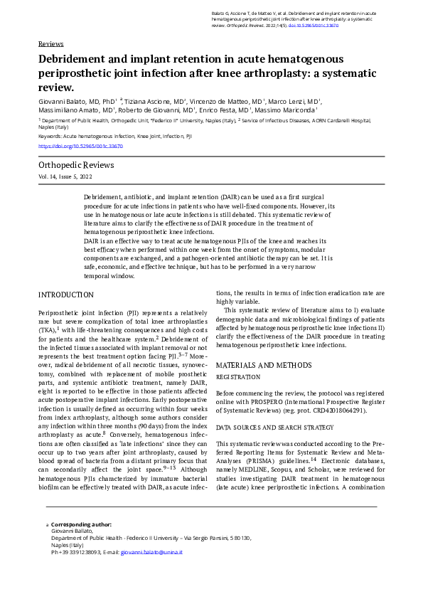 Pdf Debridement And Implant Retention In Acute Hematogenous