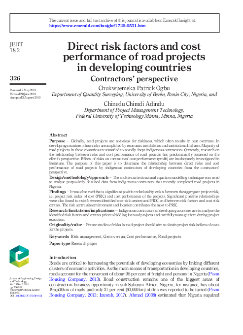 (PDF) Direct risk factors and cost performance of road projects in ...