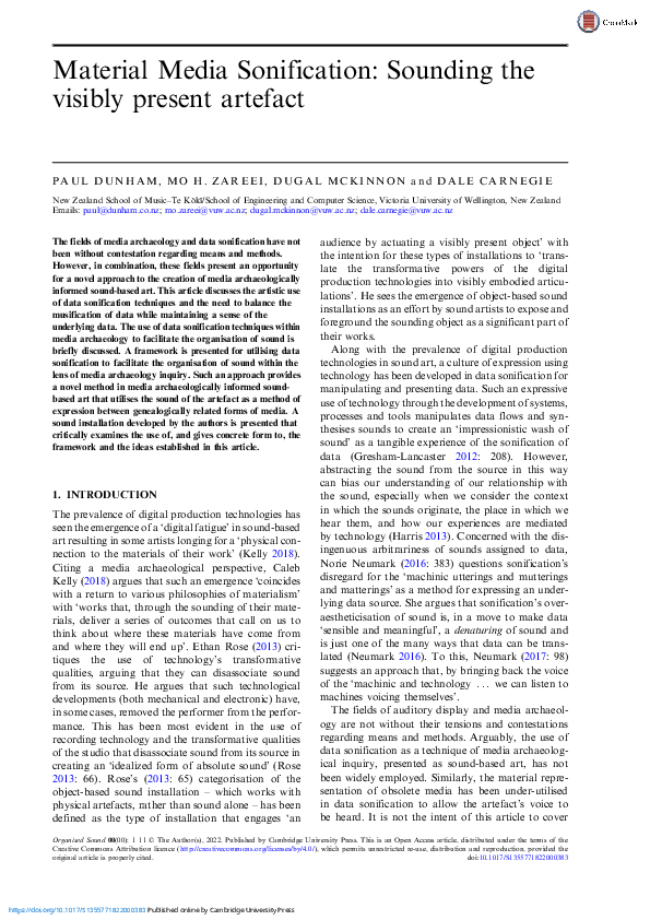 (PDF) Material Media Sonification: Sounding the visibly present artefact
