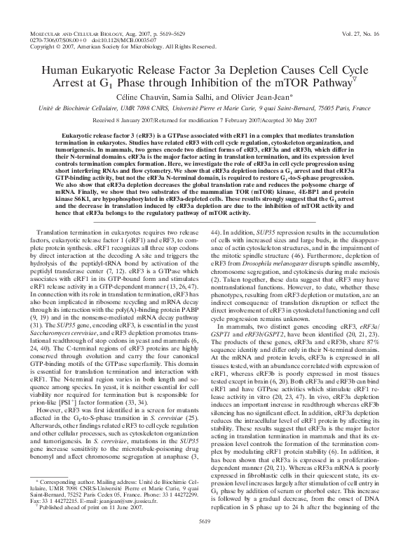 (PDF) Human eukaryotic release factor 3a depletion causes cell cycle ...