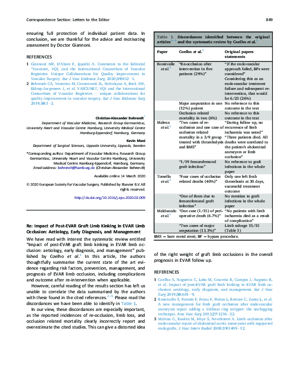 (PDF) Re: Impact of Post-EVAR Graft Limb Kinking in EVAR Limb Occlusion ...