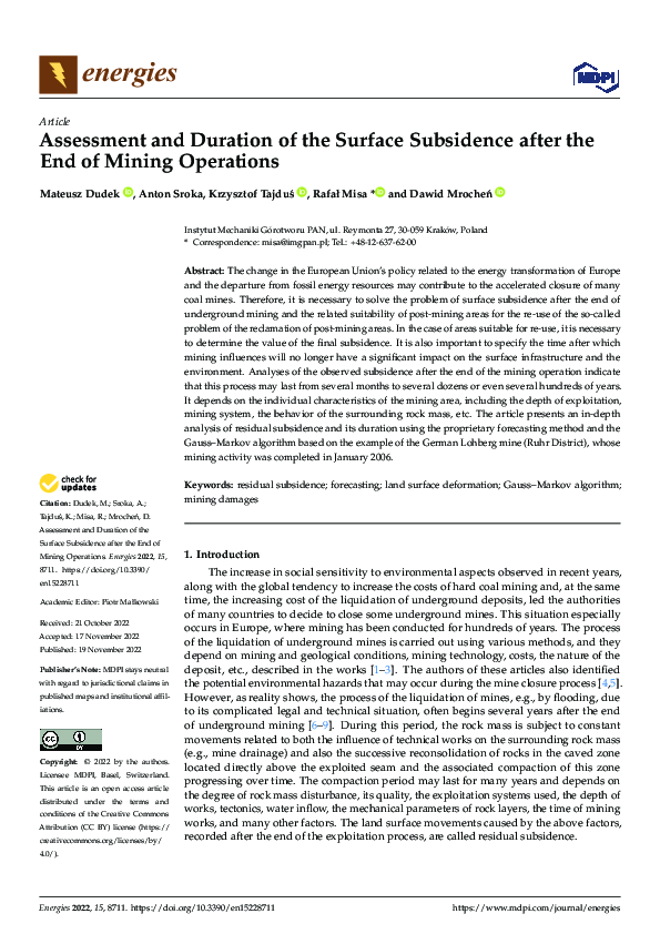 Pdf Assessment And Duration Of The Surface Subsidence After The End Of Mining Operations