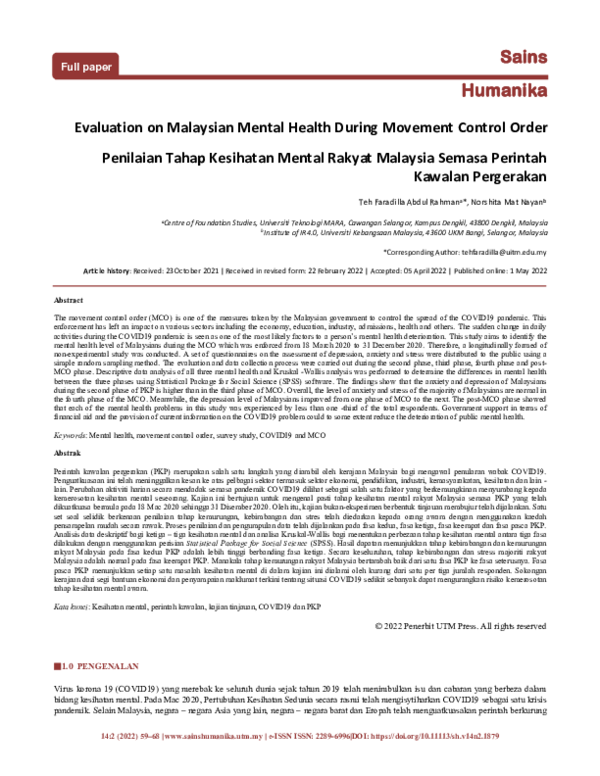 (PDF) Evaluation on Malaysian Mental Health During Movement Control Order/ Penilaian Tahap ...