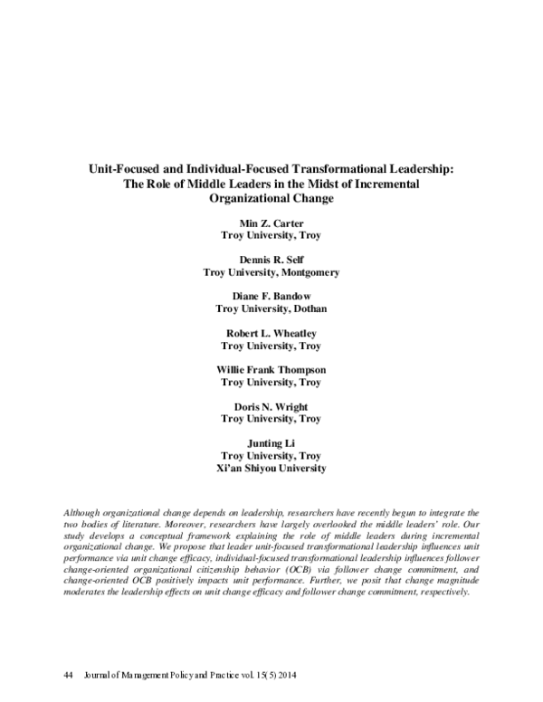 (PDF) Unit-Focused and Individual-Focused Transformational Leadership: The Role of Middle ...