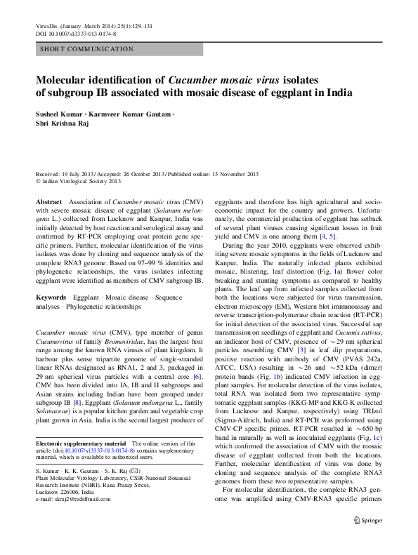 (PDF) Molecular identification of Cucumber mosaic virus isolates of ...
