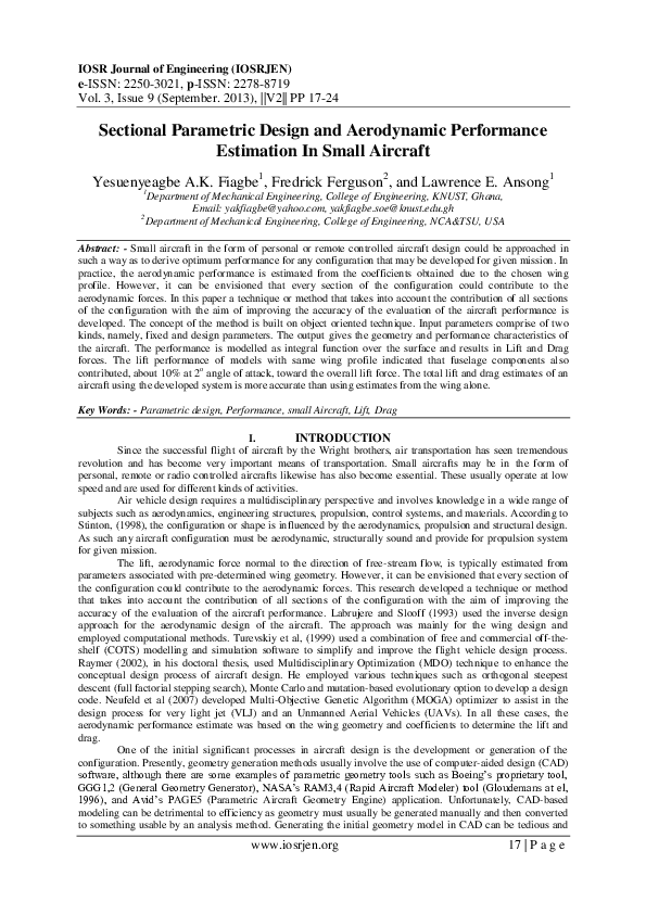 Pdf Sectional Parametric Design And Aerodynamic Performance Estimation In Small Aircraft