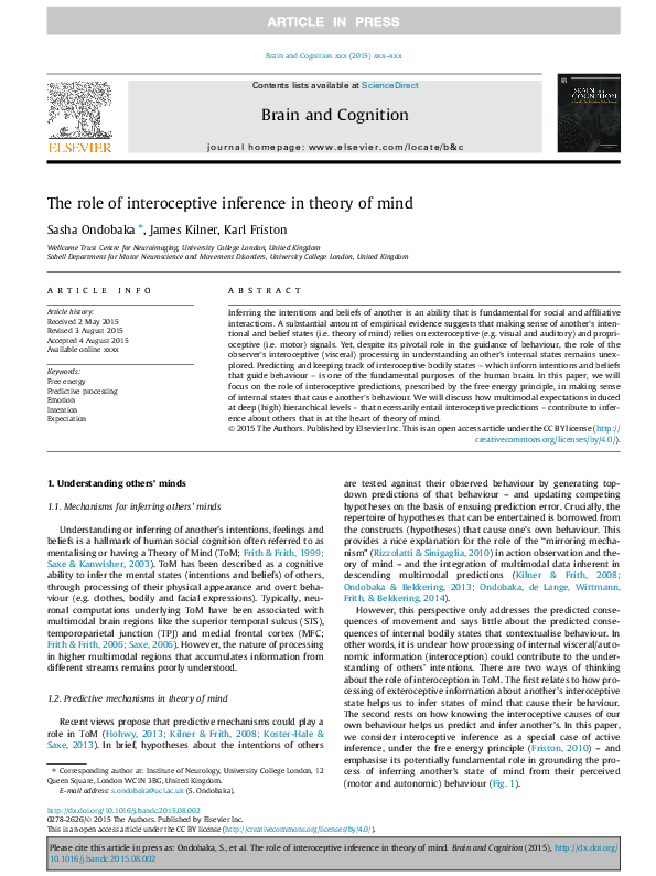 (PDF) The role of interoceptive inference in theory of mind