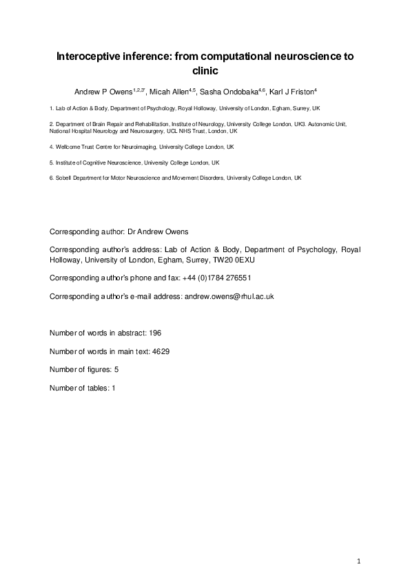 (PDF) Interoceptive inference: From computational neuroscience to clinic