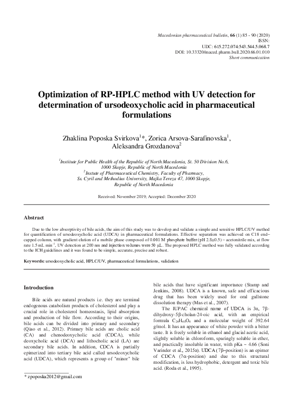 Pdf Optimization Of Rp Hplc Method With Uv Detection For Determination Of Ursodeoxycholic Acid