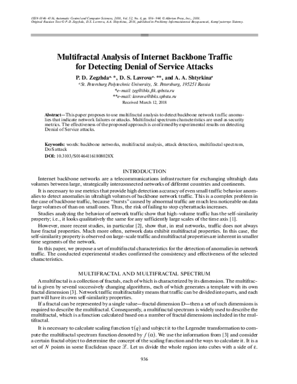 Pdf Multifractal Analysis Of Internet Backbone Traffic For Detecting Denial Of Service Attacks