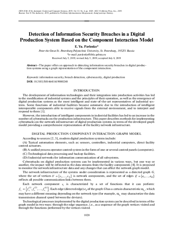 (PDF) Detection of Information Security Breaches in a Digital Production System Based on the ...