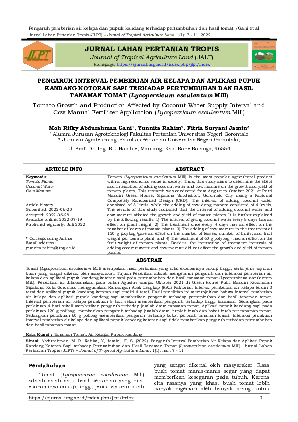 (PDF) Pengaruh Interval Pemberian Air Kelapa Dan Aplikasi Pupuk Kandang Kotoran Sapi Terhadap ...