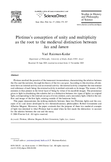 (PDF) Plotinus’s conception of unity and multiplicity as the root to ...