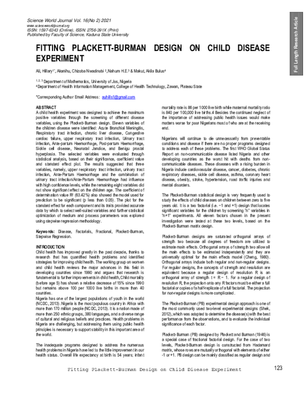 (PDF) Fitting Plackett-Burman Design on Child Disease Experiment