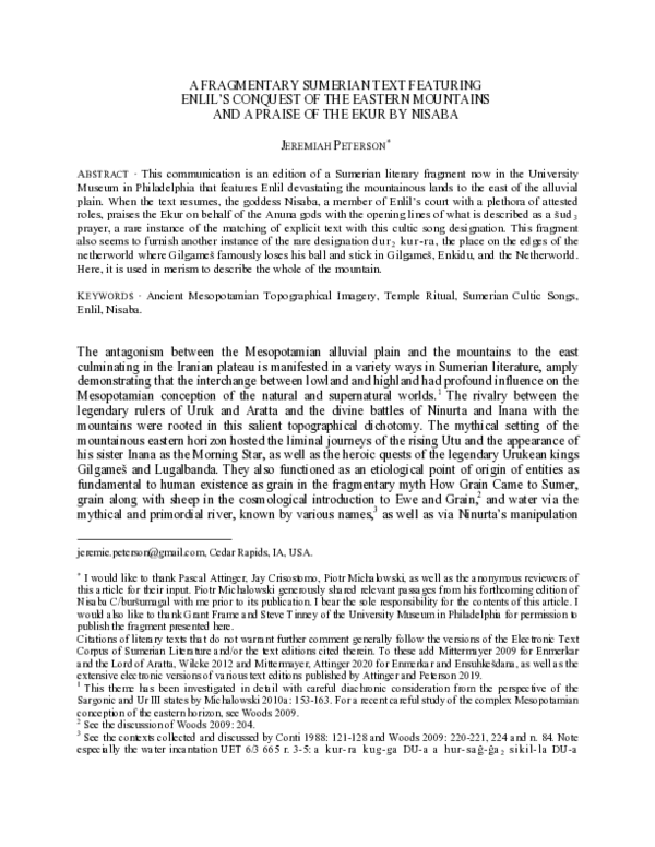 (PDF) A Fragmentary Sumerian Text Featuring Enlil's Conquest of the ...