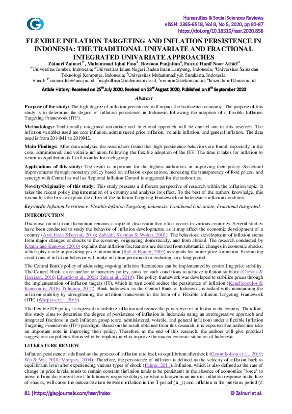 (PDF) Flexible Inflation Targeting and Inflation Persistence in Indonesia: The Traditional ...