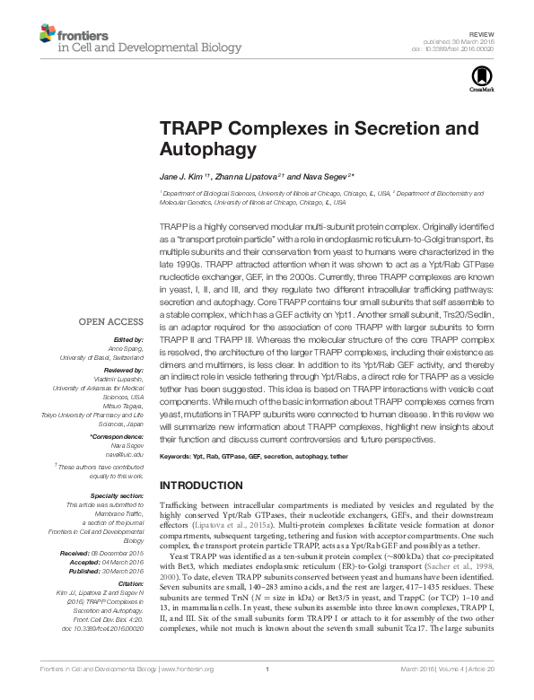 (PDF) TRAPP Complexes in Secretion and Autophagy | Jane Kim - Academia.edu