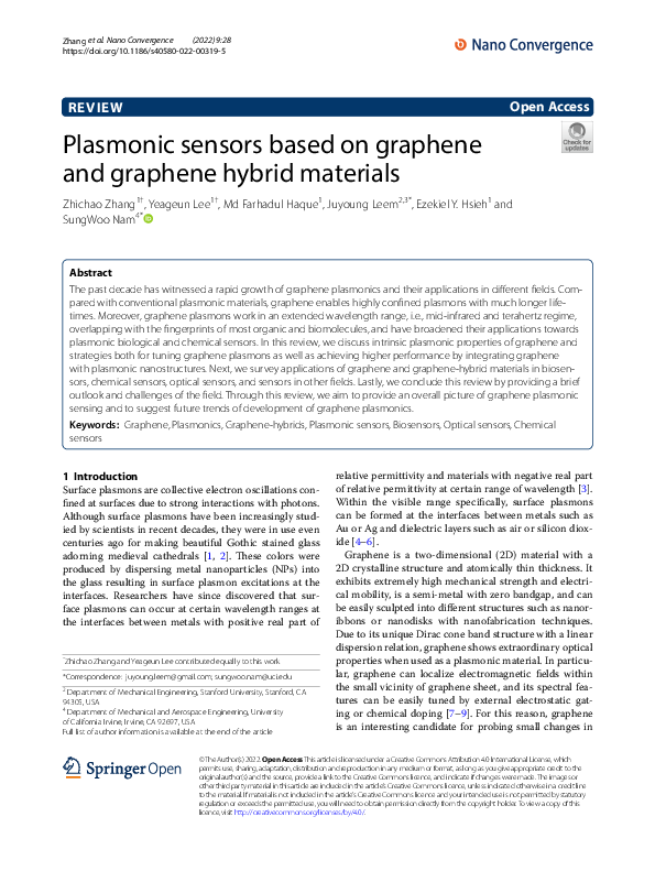 (PDF) Plasmonic sensors based on graphene and graphene hybrid materials ...