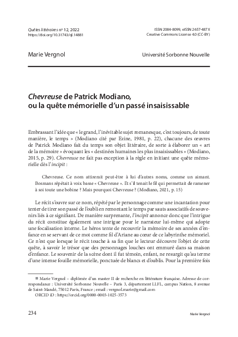 (PDF) Chevreuse de Patrick Modiano, ou la quête mémorielle d’un passé ...