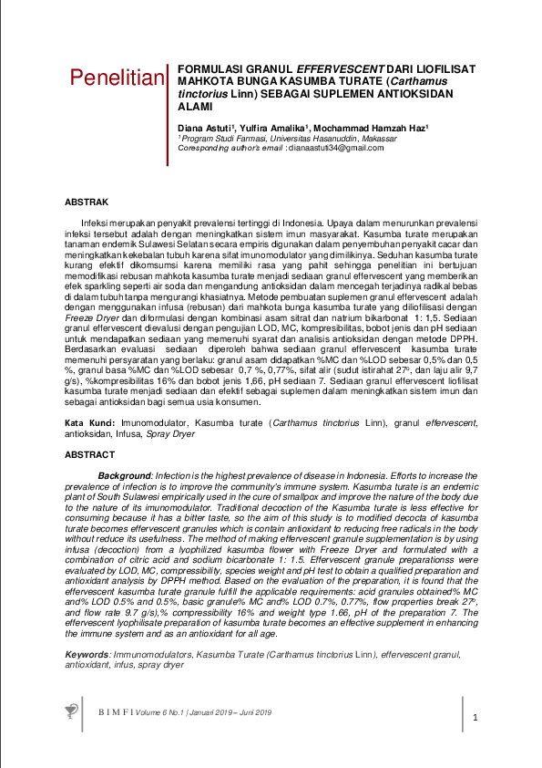 (PDF) FORMULASI GRANUL EFFERVESCENT DARI LIOFILISAT MAHKOTA BUNGA ...