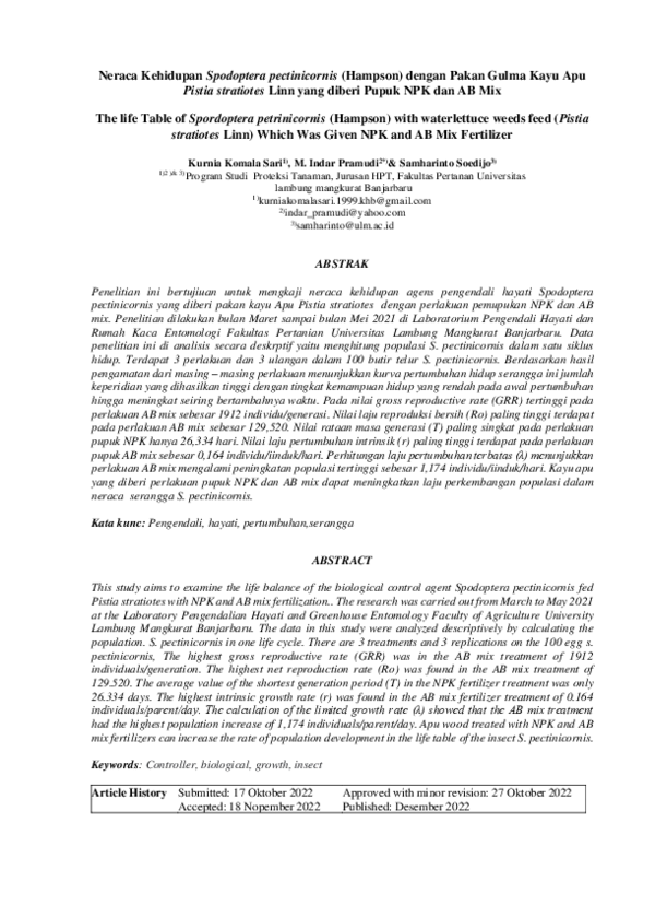 (PDF) Neraca Kehidupan Spodoptera pectinicornis (Hampson) dengan Pakan ...