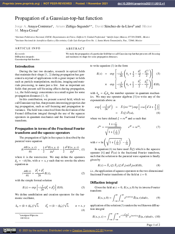 (PDF) Propagation of a Gaussian-Top-Hat Function