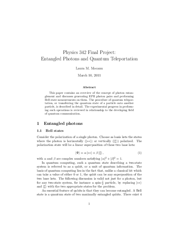 (PDF) Final Project : Entangled Photons and Quantum Teleportation