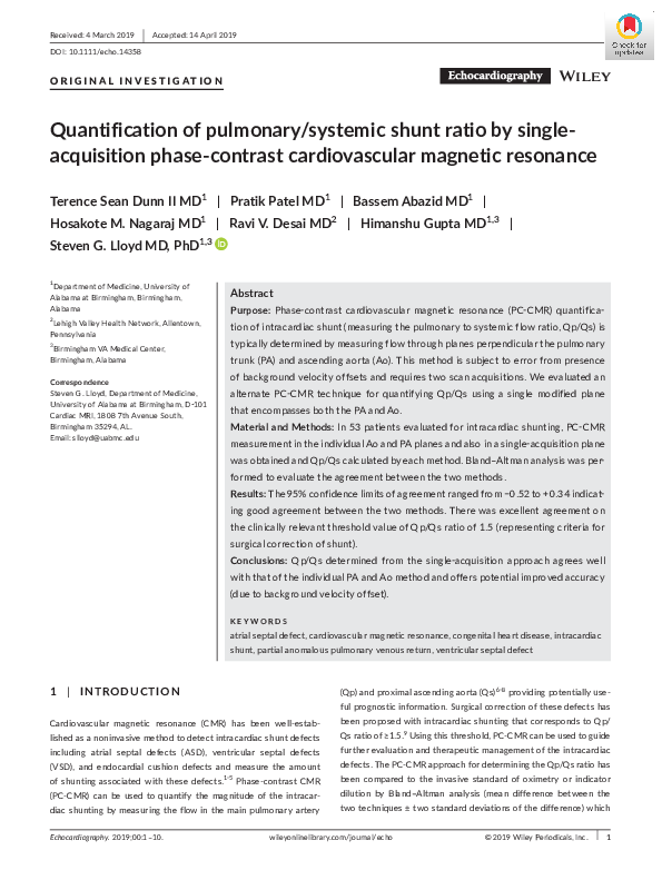 (PDF) Quantification of pulmonary/systemic shunt ratio by single ...