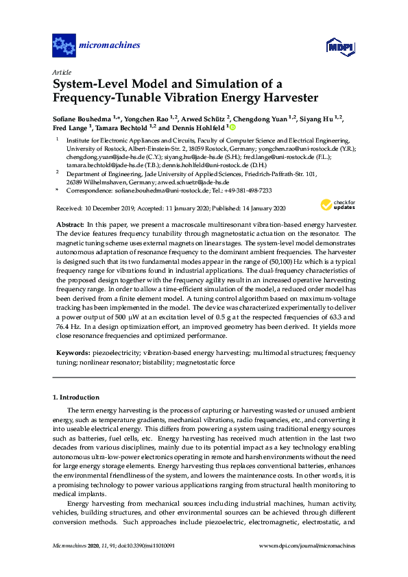 (PDF) System-Level Model and Simulation of a Frequency-Tunable Vibration Energy Harvester