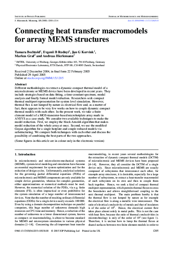 (PDF) Connecting heat transfer macromodels for array MEMS structures | Tamara Bechtold ...