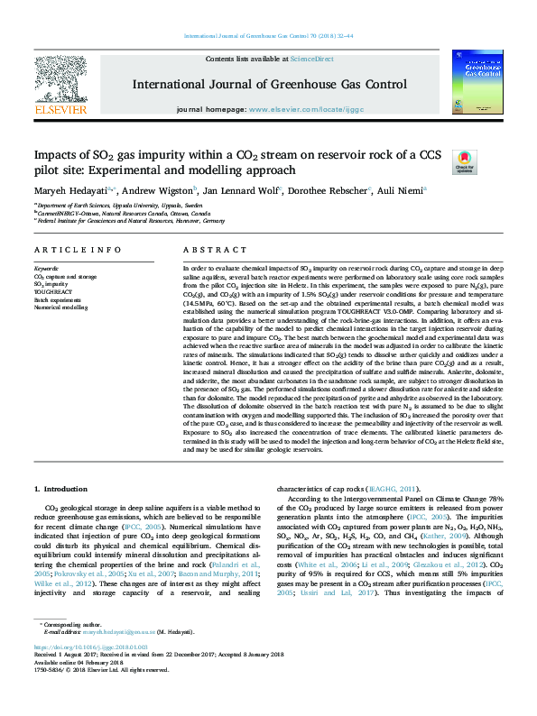 (PDF) Impacts of SO2 gas impurity within a CO2 stream on reservoir rock ...