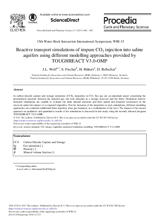 (PDF) Reactive Transport Simulations of Impure CO2 Injection into Saline Aquifers Using ...