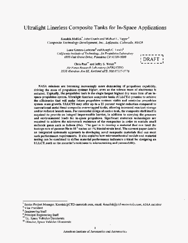 (PDF) Ultralight Linerless Composite Tanks for In-Space Applications