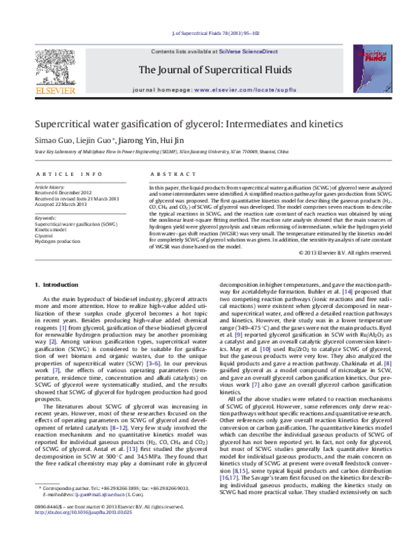 (PDF) Supercritical water gasification of glycerol: Intermediates and ...