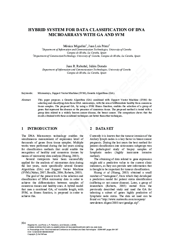 (PDF) Hybrid System for Data Classification of Dna Microarrays with Ga and SVM