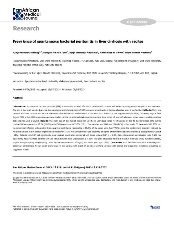 (PDF) Prevalence of spontaneous bacterial peritonitis in asymptomatic inpatients with ...