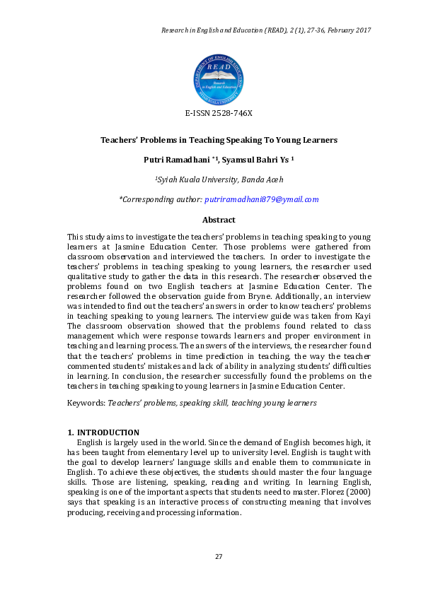 (PDF) Teachers’ problems in teaching speaking to young learners