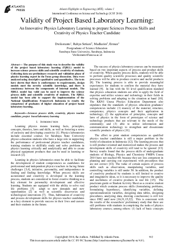 (PDF) Validity of Project Based Laboratory Learning: An Innovative Physics Laboratory Learning ...