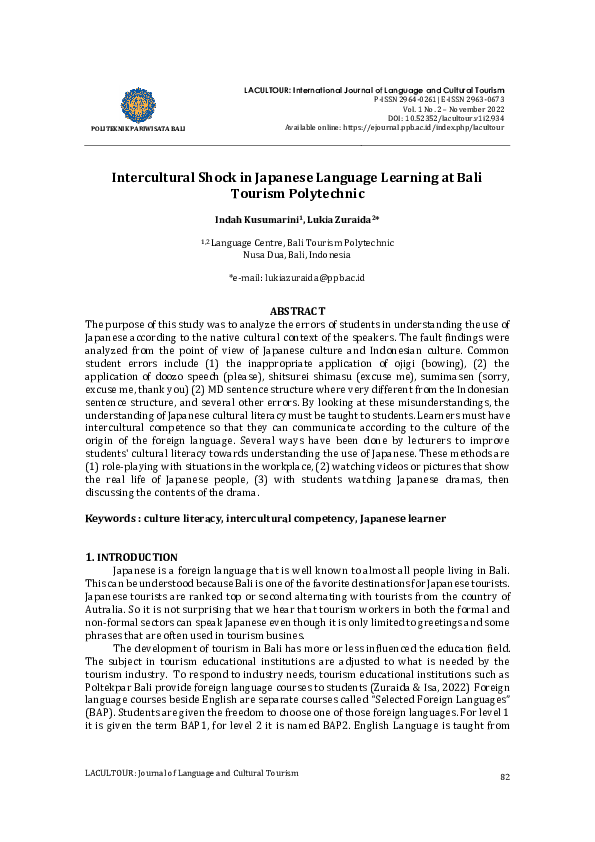 (PDF) Intercultural Shock in Japanese Language Learning at Bali Tourism ...