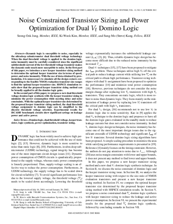 (PDF) Noise constrained transistor sizing and power optimization for dual V/sub t/ domino logic
