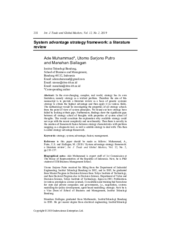 (PDF) SYSTEM ADVANTAGE STRATEGY FRAMEWORK; A Literature Review