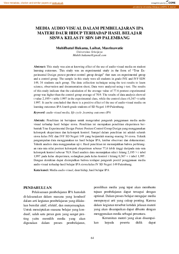 (PDF) Media Audio Visual Dalam Pembelajaran Ipa Materi Daur Hidup Terhadap Hasil Belajar Siswa ...
