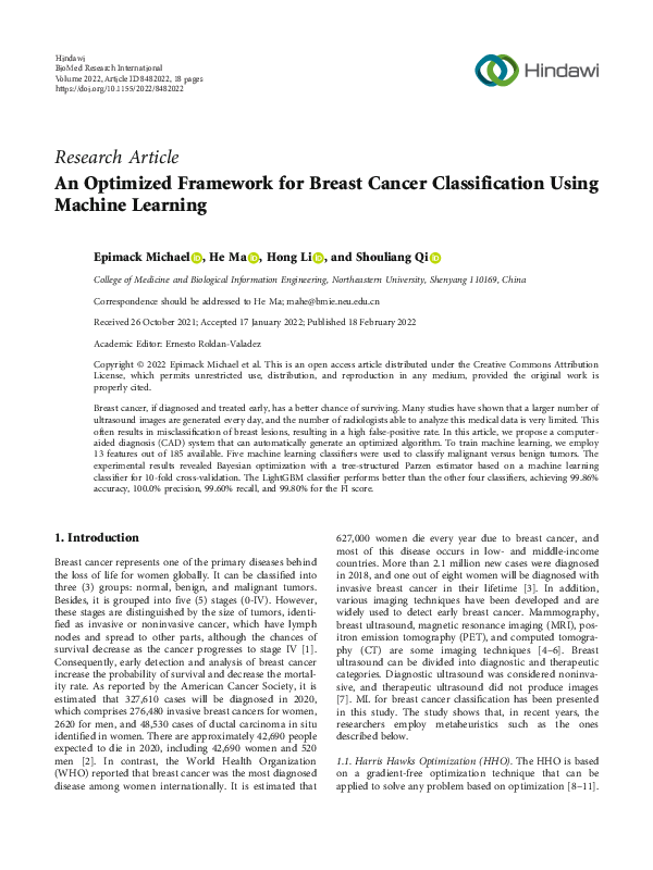 (PDF) An Optimized Framework for Breast Cancer Classification Using Machine Learning