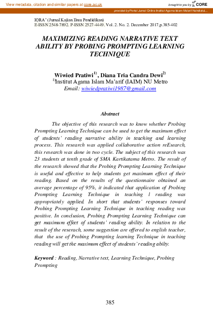 (PDF) Maximizing Reading Narrative Text Ability by Probing Prompting ...