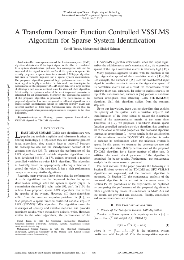 Pdf A Transform Domain Function Controlled Vsslms Algorithm For