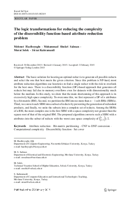 Pdf The Logic Transformations For Reducing The Complexity Of The Discernibility Function Based